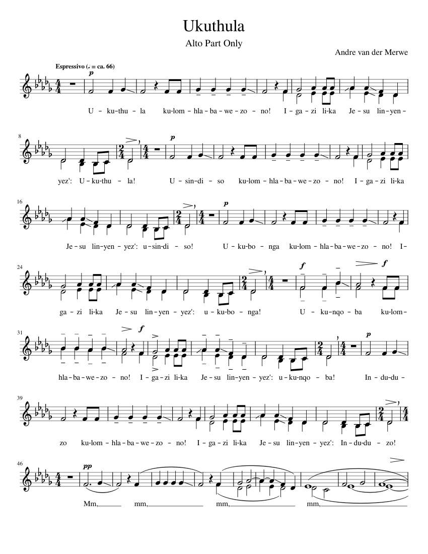 Ukuthula Alto Part Only Sheet music for Piano (Choral) | Musescore.com