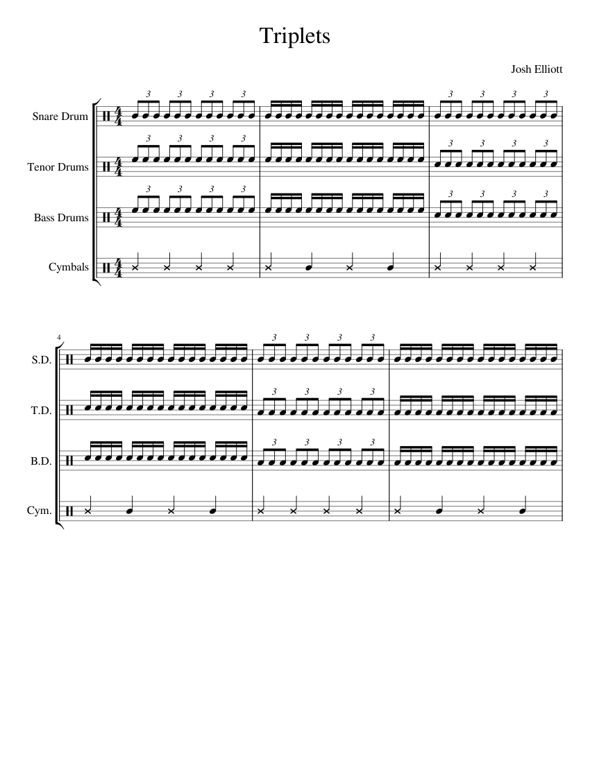 Triplets exercise Sheet music for Snare drum, Crash, Tenor drum, Bass ...
