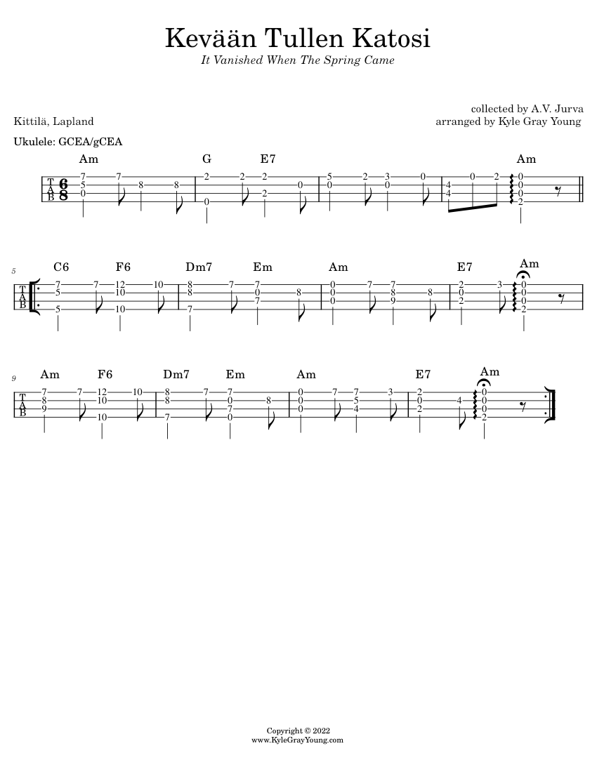 Kevään Tullen Katosi – Finnish Folk Tune (ukulele) Sheet Music for ...