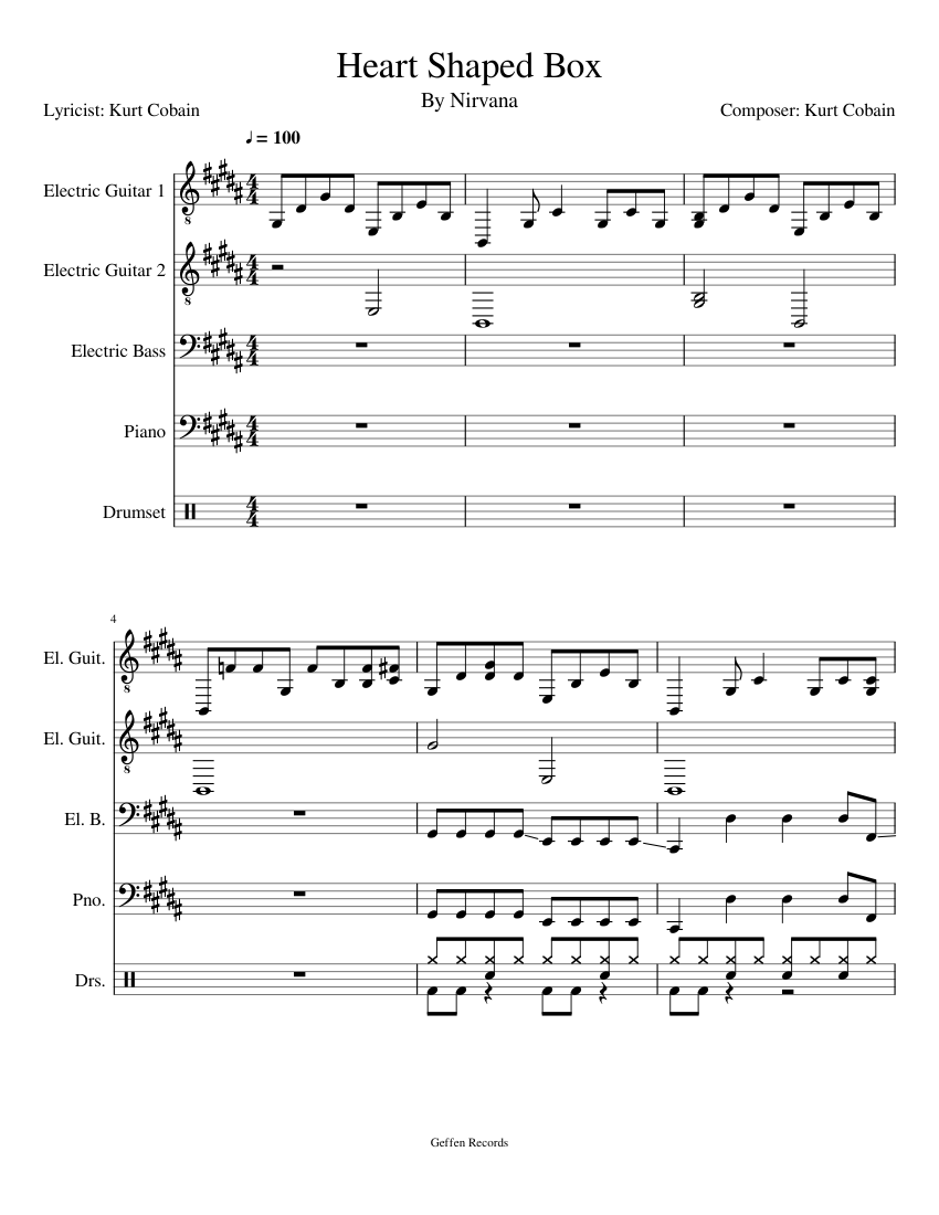 Heart Shaped Box Sheet music for Piano, Guitar, Bass guitar, Drum group ...
