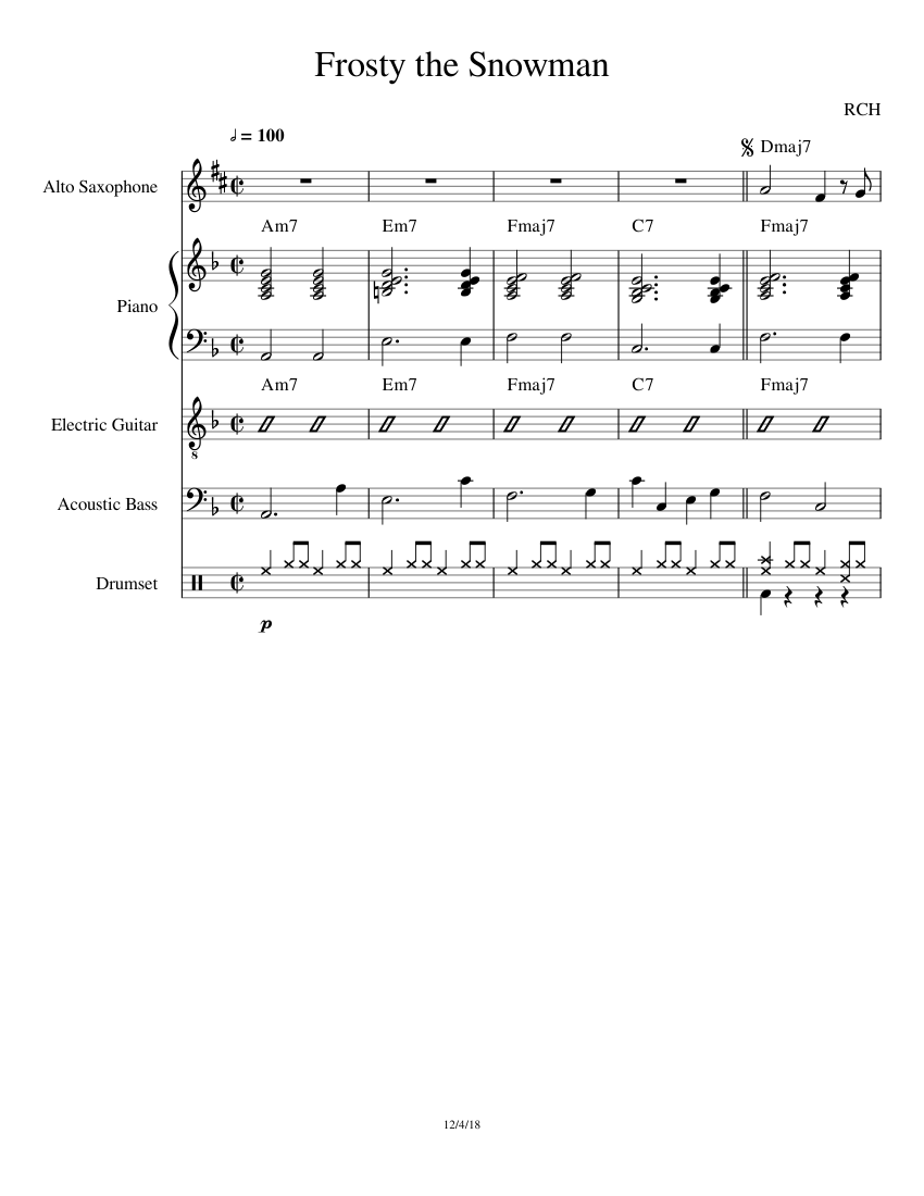 Frosty the Snowman Sheet music for Piano, Saxophone alto, Guitar, Bass ...