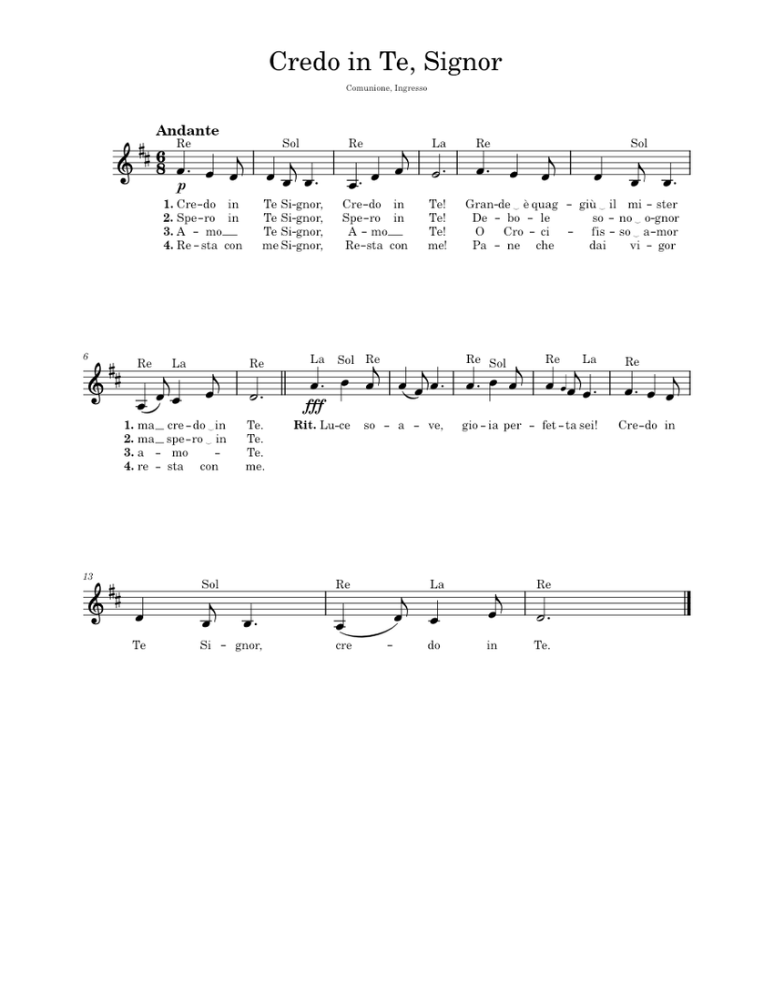 Credo in te Signore – Tradizionale Sheet Music with Chords for Organ ...