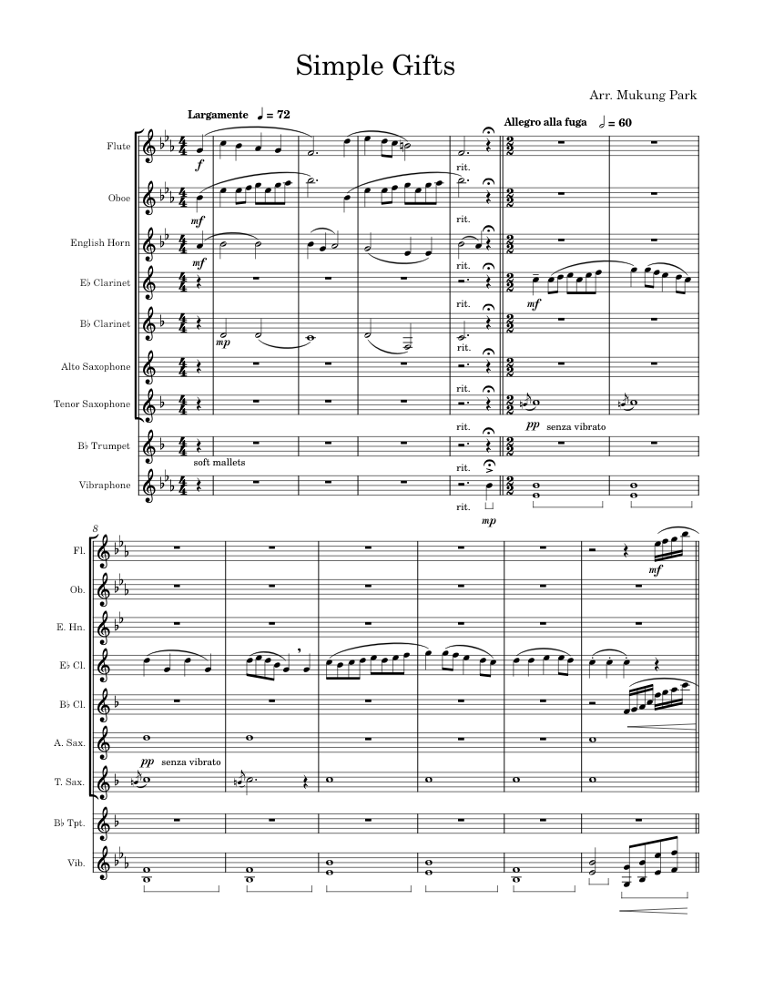 Simple Gifts – Misc tunes Simple Gifts Full Score Sheet music for Flute, Oboe, Clarinet in e ...