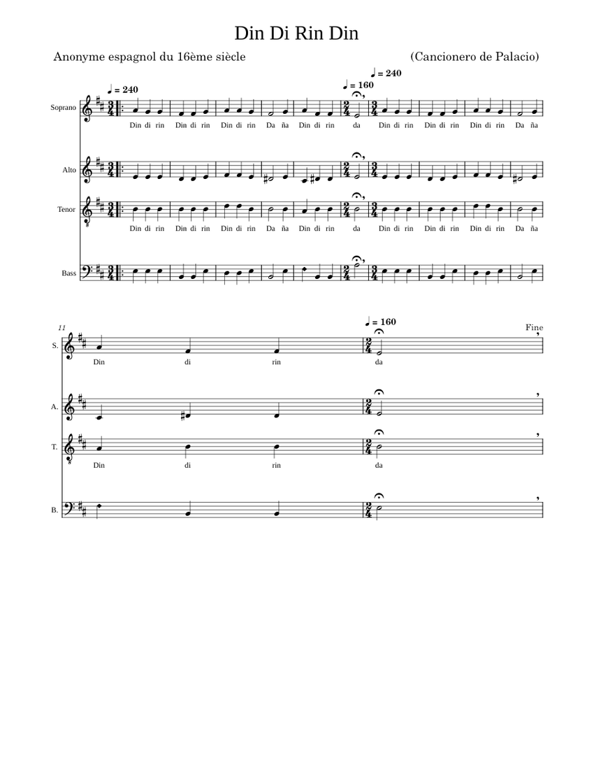 Din Di Rin Din – Anonymous Sheet music for Soprano, Alto, Tenor, Bass ...