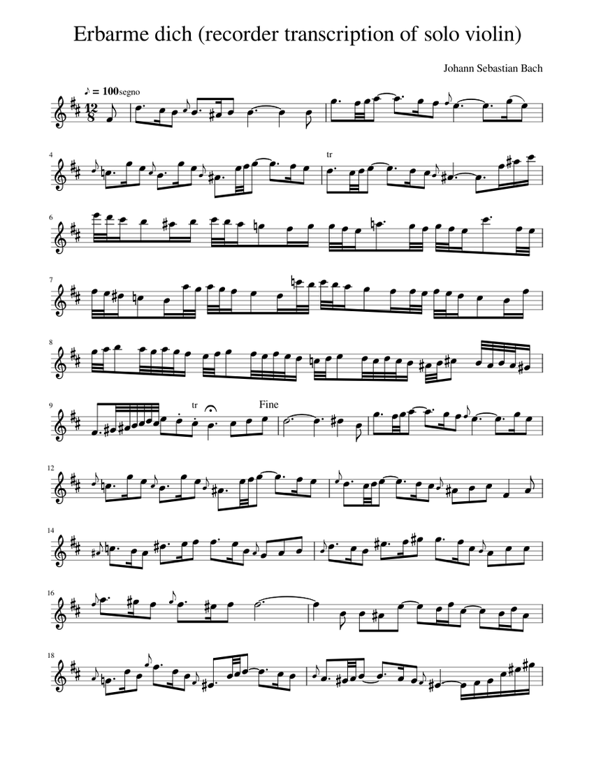 Johann Sebastian Bach - Erbarme dich (recorder transcription of solo violin) Sheet Music for ...