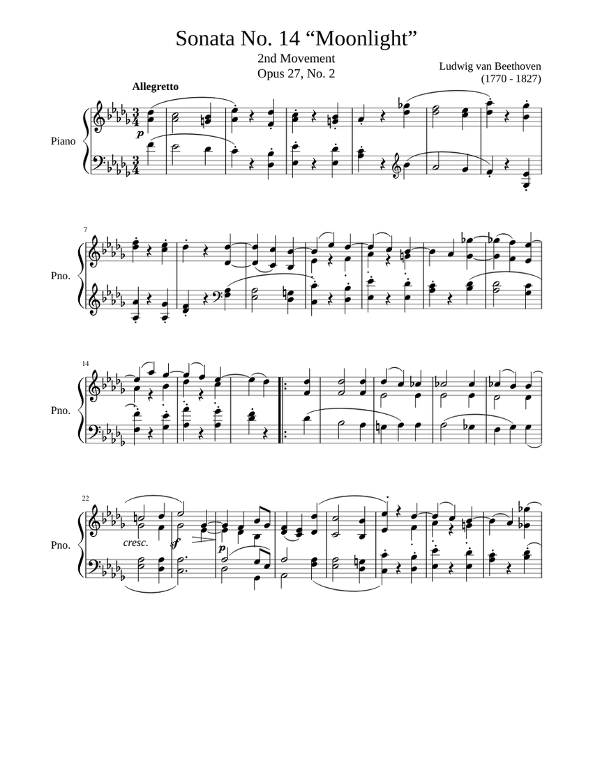 Piano Sonata No.14, Op.27 No.2 – Ludwig van Beethoven (2nd Movement) Sheet music for Piano (Solo ...