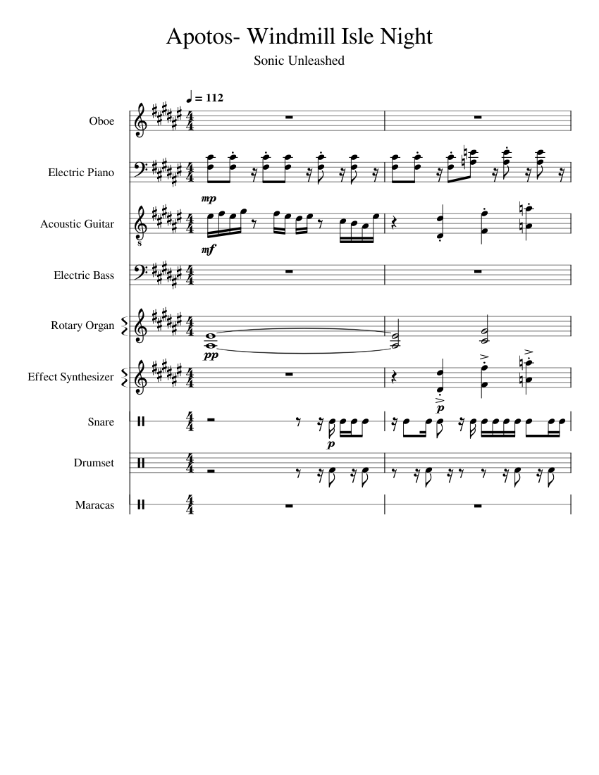 Apotos- Windmill Isle Night WIP Sheet Music for Piano, Organ, Oboe ...