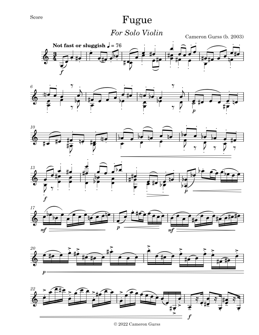 Fugue for Solo Violin (pretty much complete) Sheet music for Violin ...