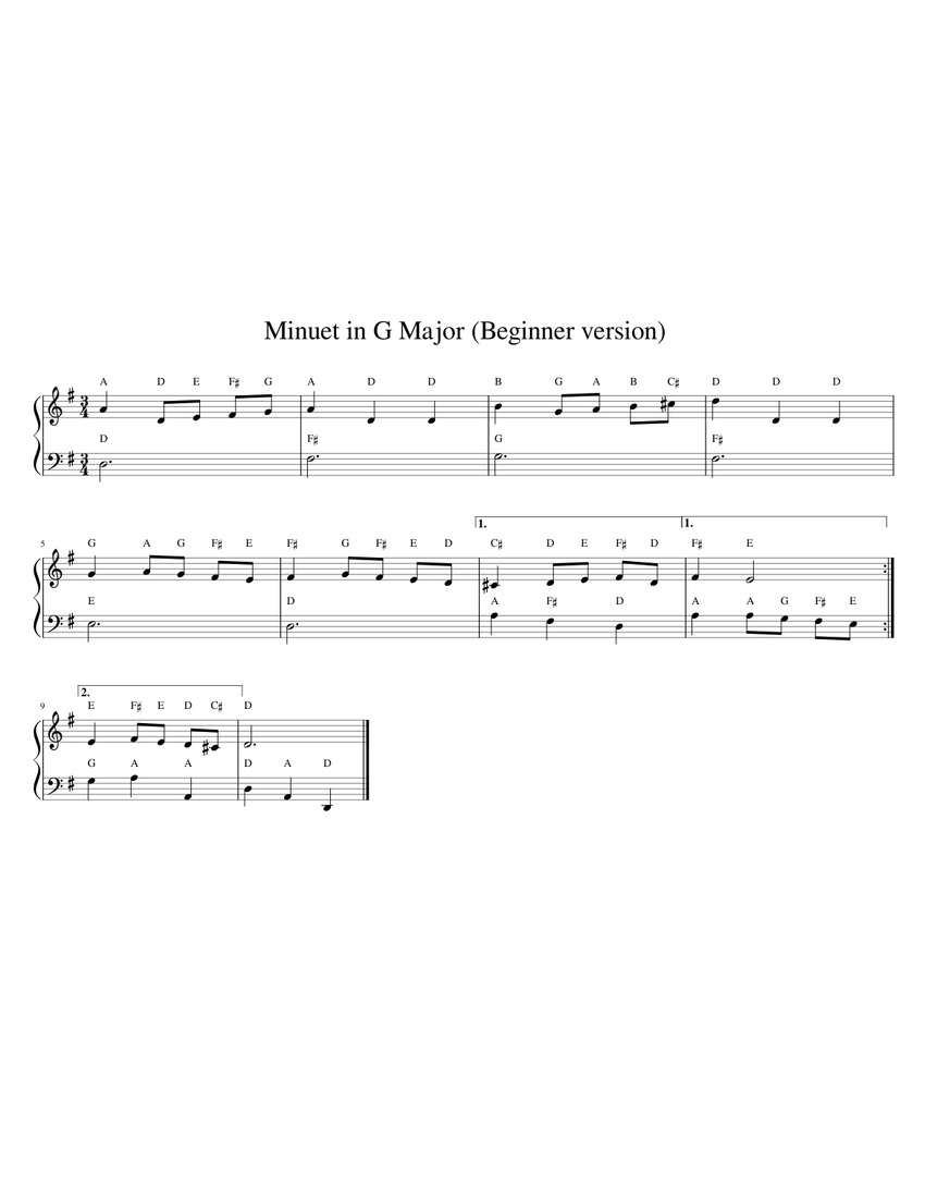 Minuet in G Major (Beginner version) Sheet Music for Piano (Solo) Easy ...