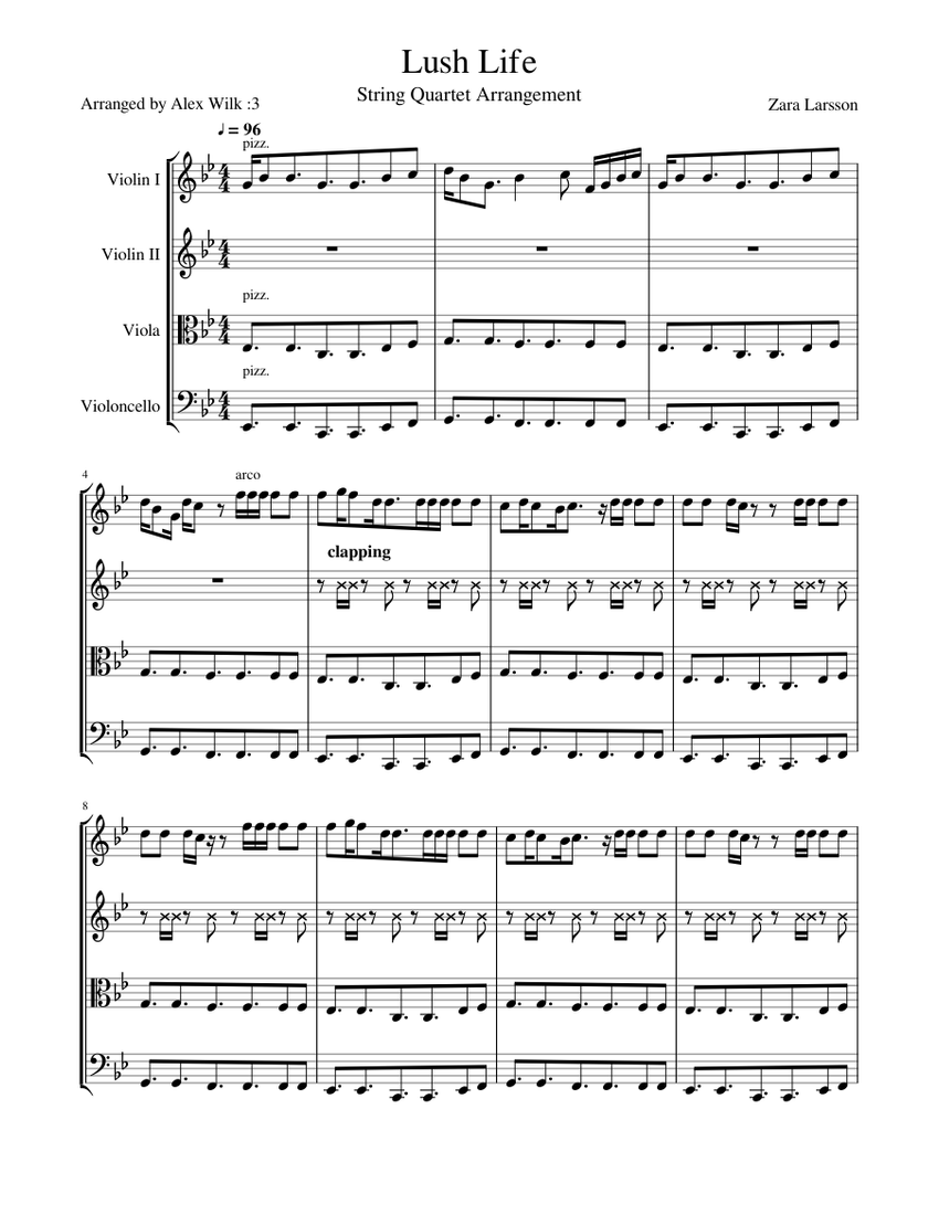 Lush Life Sheet Music for Violin, Viola, Cello (String Quartet ...