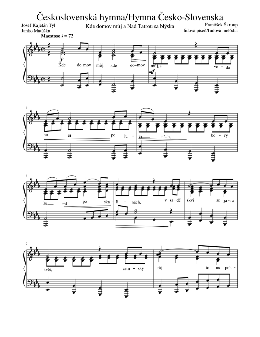 National Anthem of Czechoslovakia Sheet Music for Piano (Solo ...