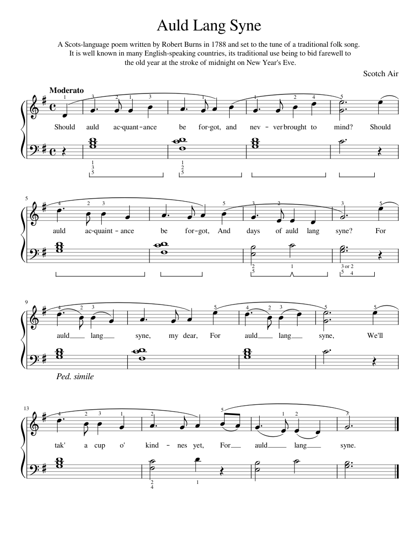 Auld Lang Syne Sheet Music for Piano (Solo) | MuseScore.com
