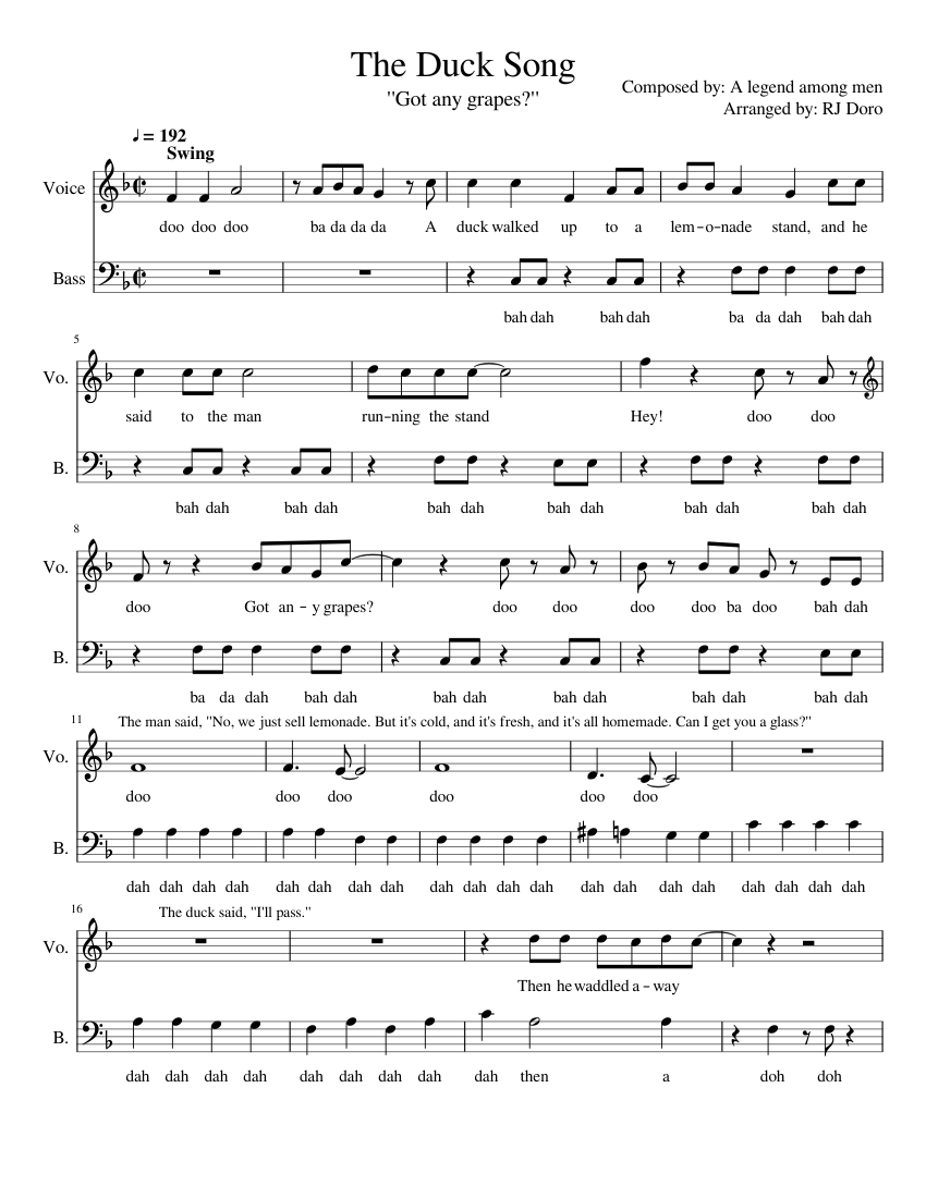 The Duck Song-Piano Solo Sheet Music for Bass voice, Vocals (Solo ...