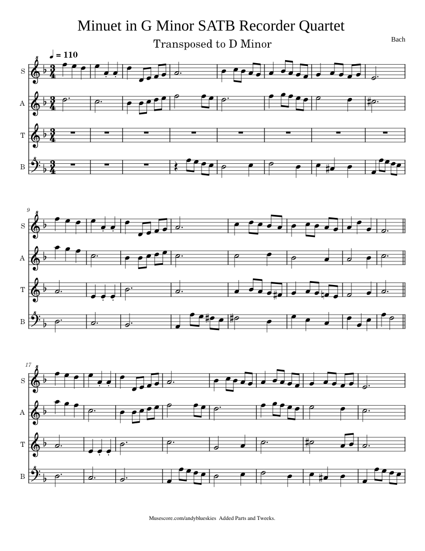 Minuet in G Minor SATB Recorder Quartet - Johann Sebastian Bach ...