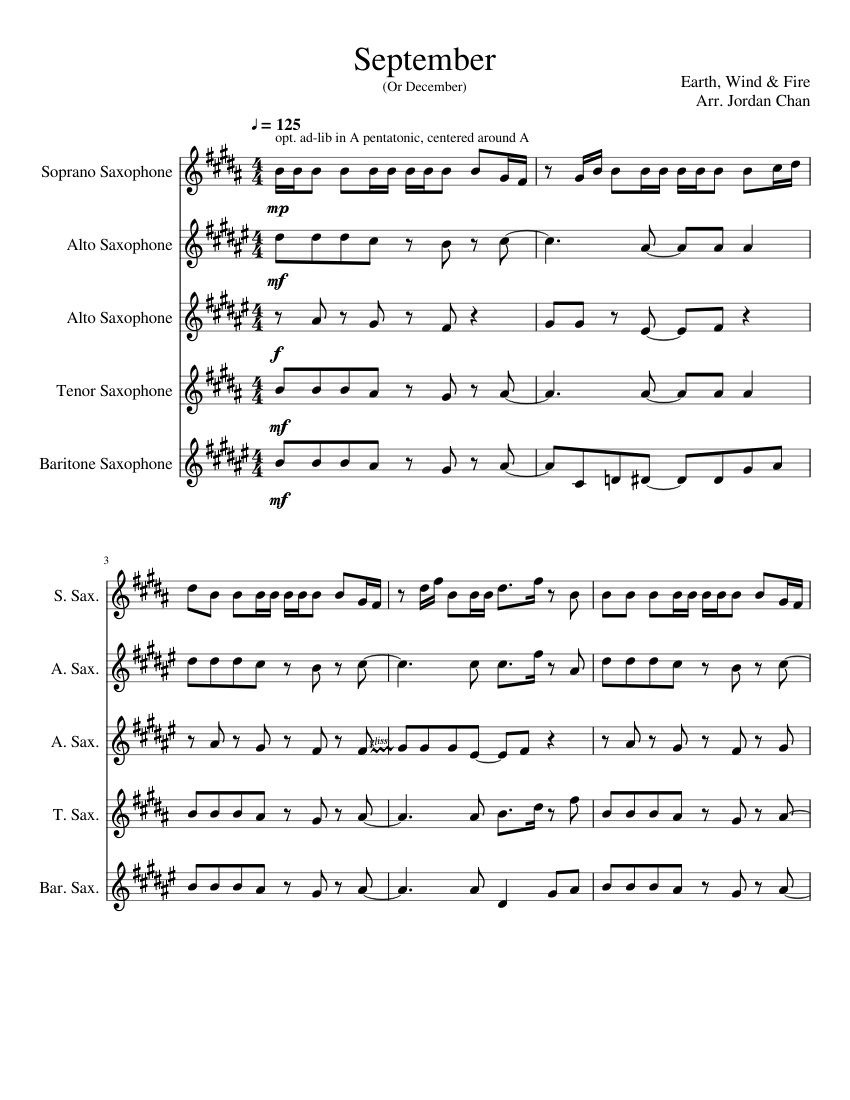 September - Sax Quintet Arrangement Sheet Music for Saxophone alto ...