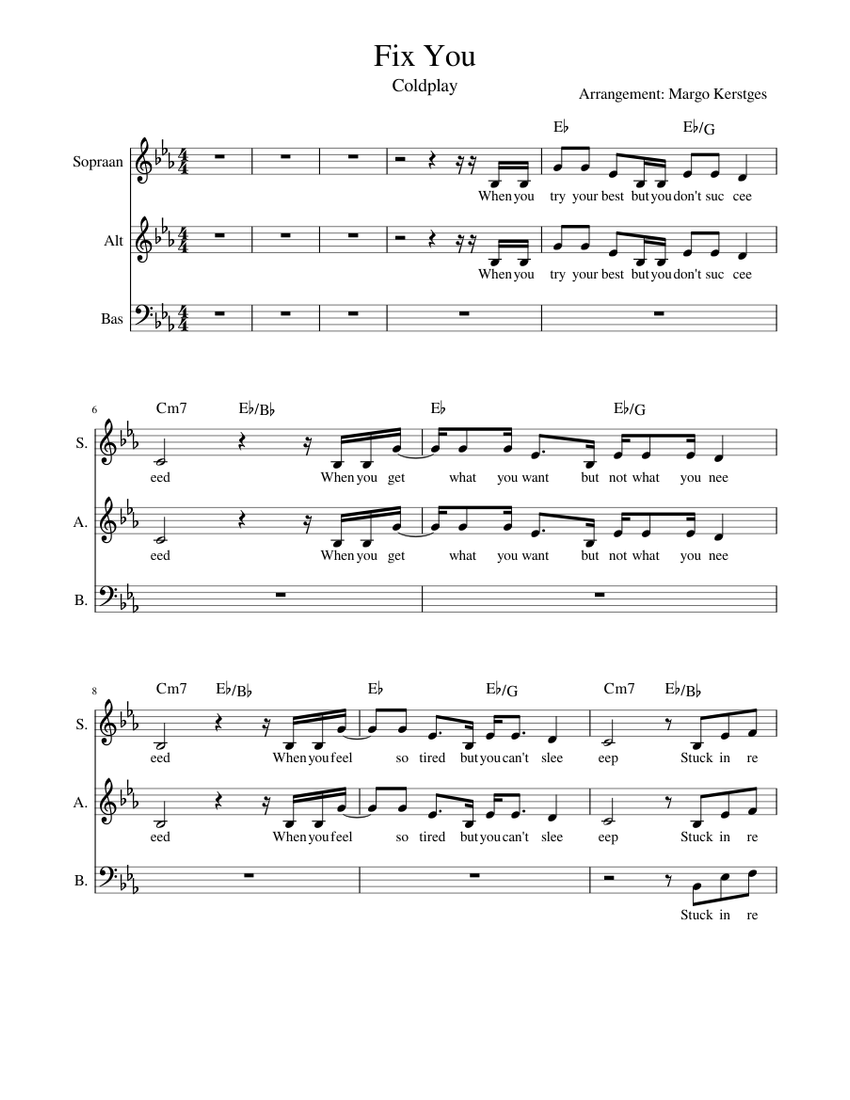 Fix You - Coldplay Sheet Music for Soprano, Alto, Bass voice (Choral ...