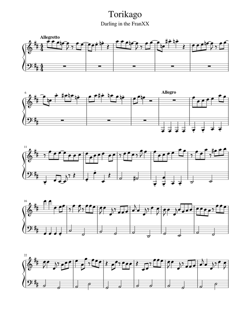 Darling In The Franxx - Torikago Sheet Music for Piano (Solo ...