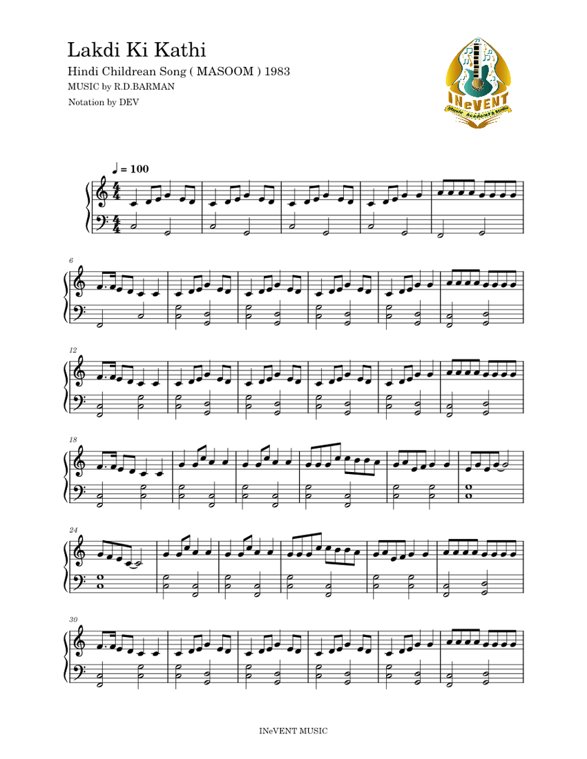 Lakdi Ki Kathi || HINDI CHILDREAN SONG || MASOOM ( 1983 ) Sheet Music ...