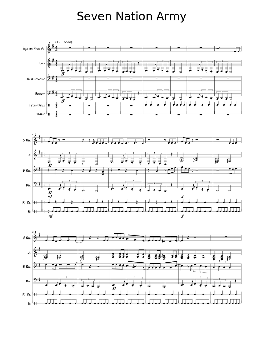 Seven Nation Army Bardcore Sheet Music for Bassoon, Drum group ...