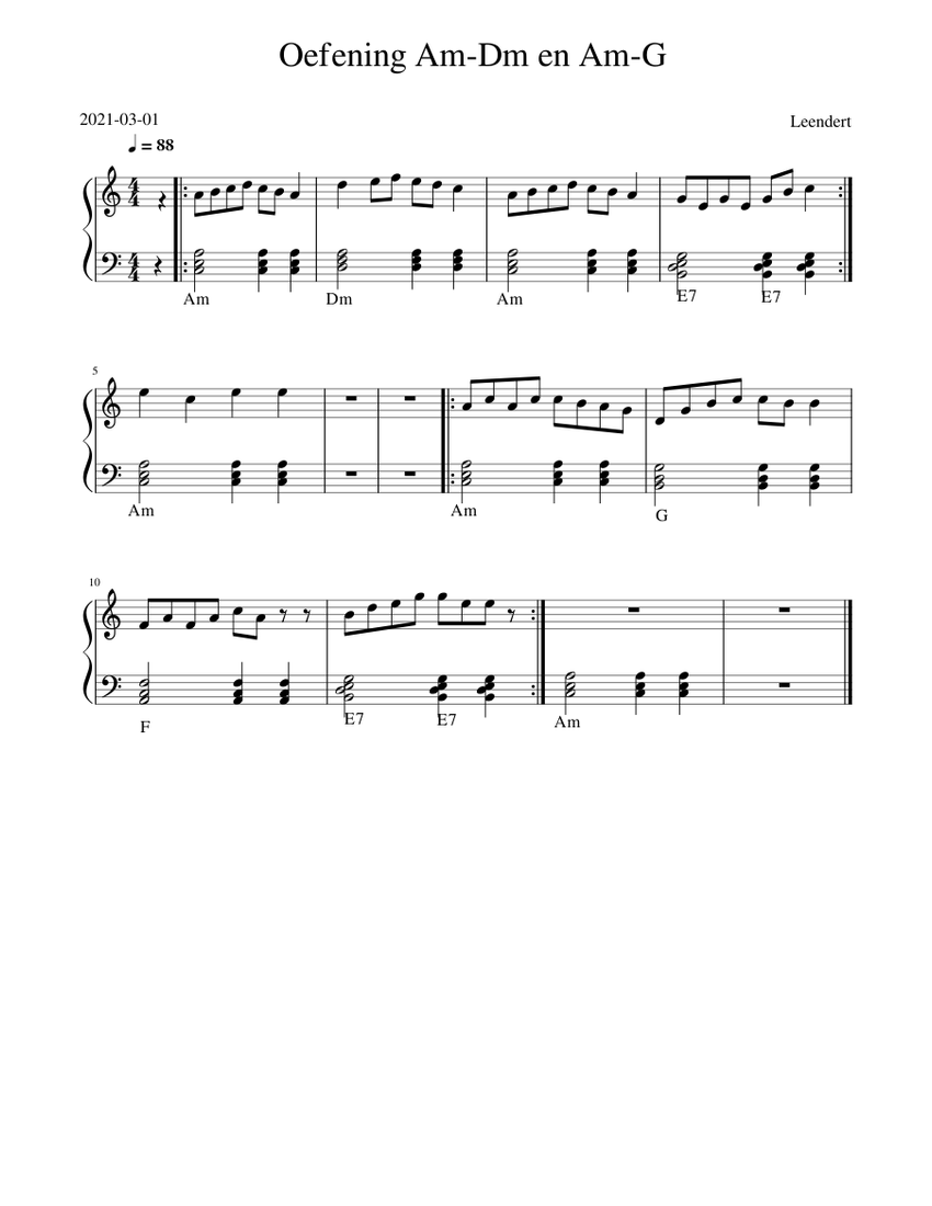 Oefening Am-Dm en Am-G Sheet music for Piano (Solo) Easy | Musescore.com