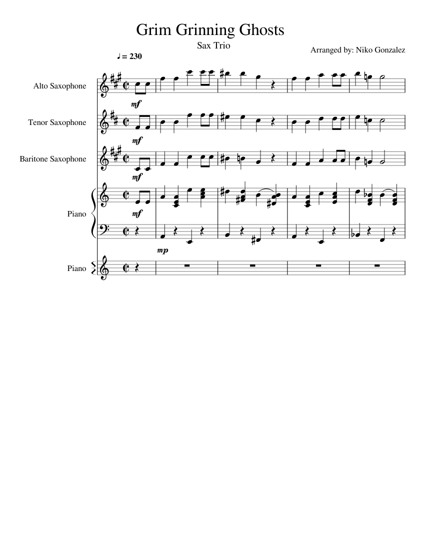 Grim Grinning Ghosts Sheet Music for Piano, Saxophone alto, Saxophone ...