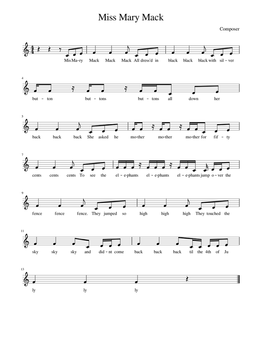 Miss Mary Mack Sheet Music for Piano (Solo) easy | MuseScore.com