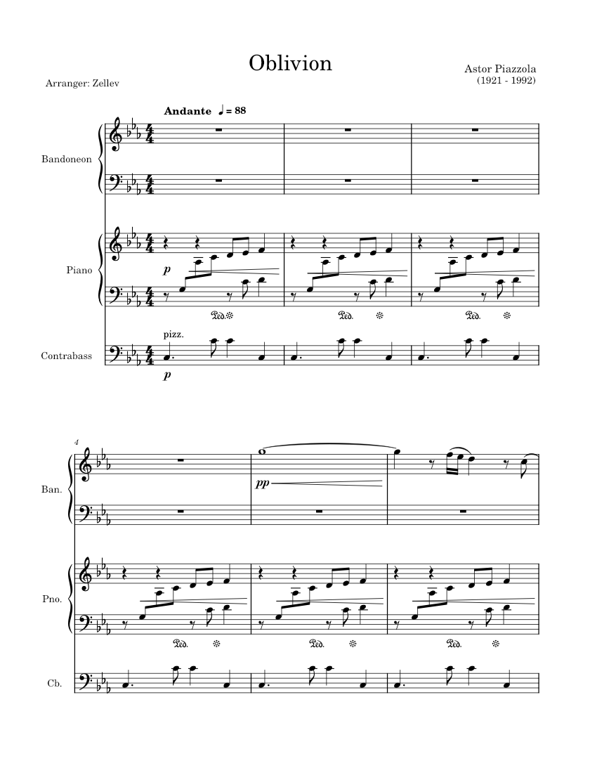 Oblivion – Astor Piazzola, {Bandoneon, Piano, and Contrabass arr} Sheet ...