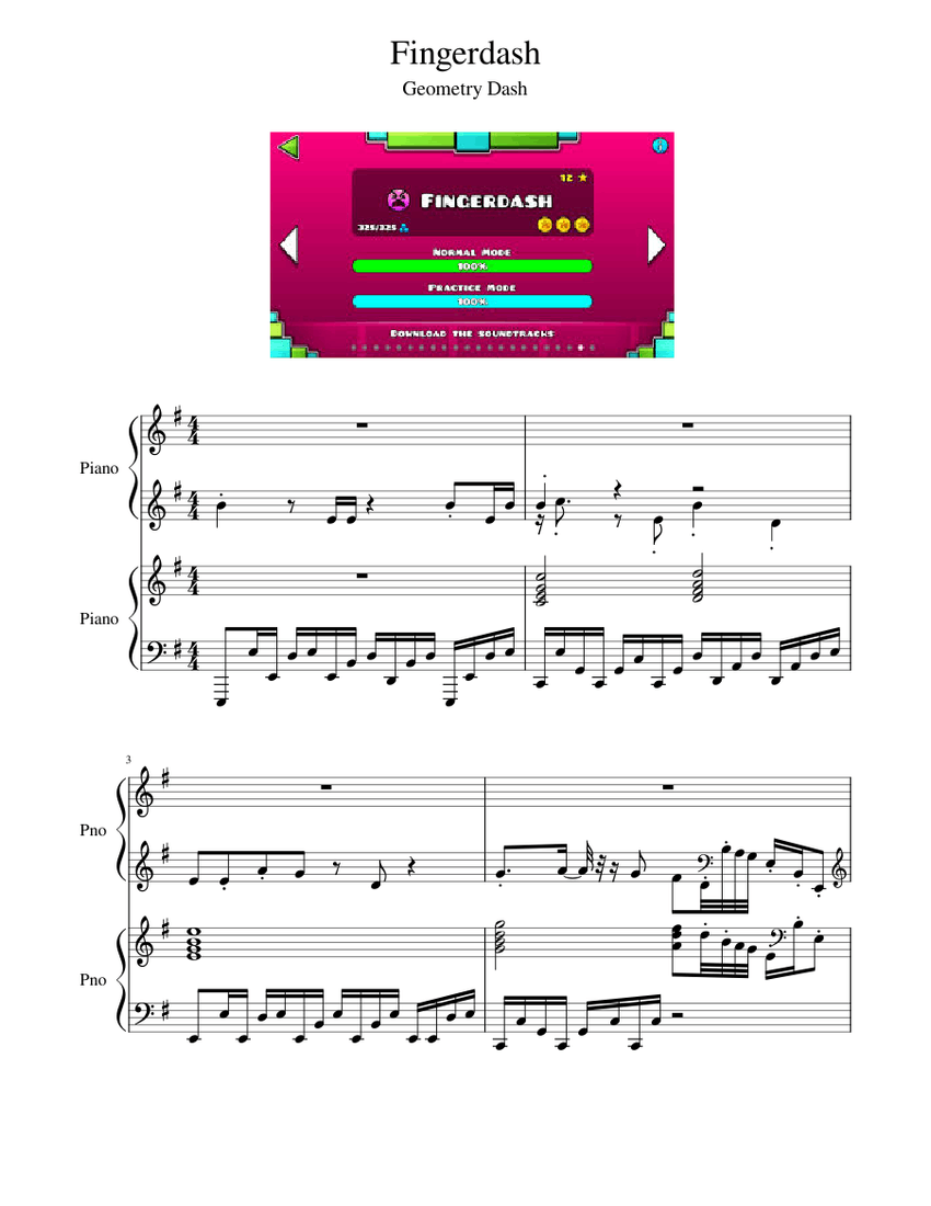 GeoDash (geometry dash) Fingerdash Sheet Music for Piano (Piano-Voice ...