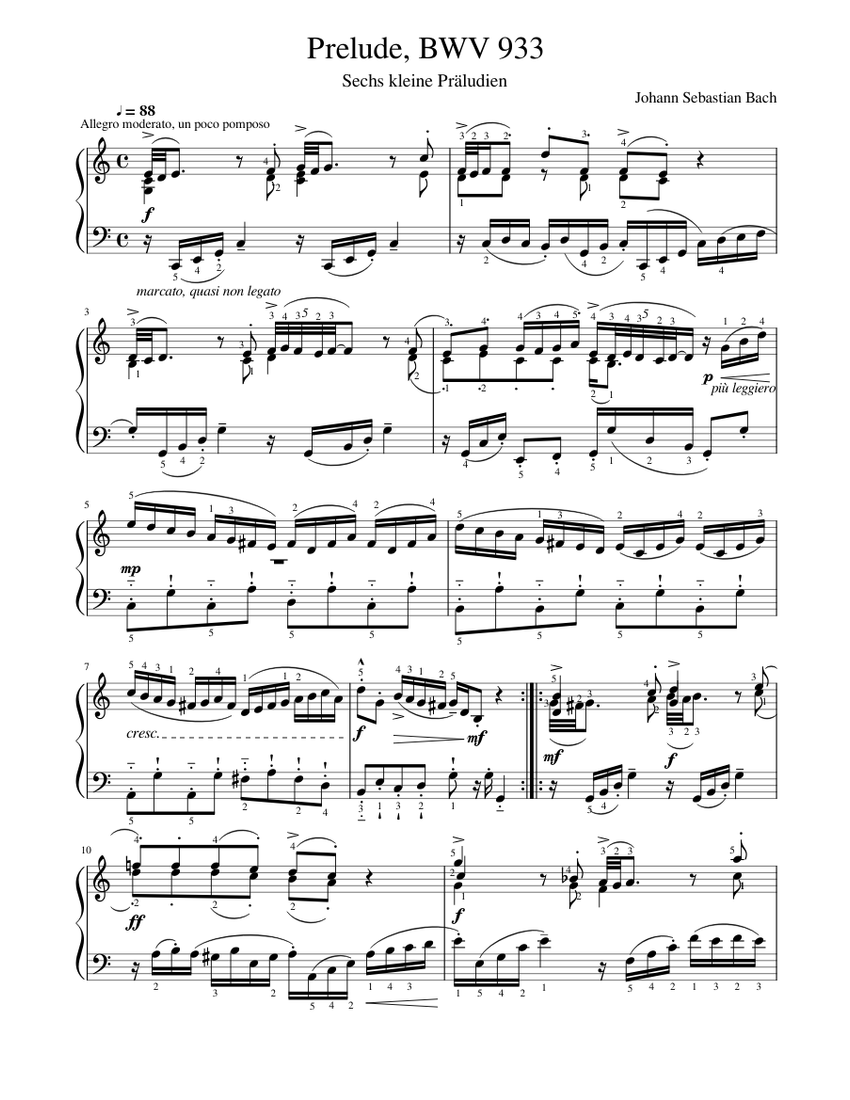Bach: Little Prelude in C major, BWV 933 Sheet Music for Piano (Solo ...