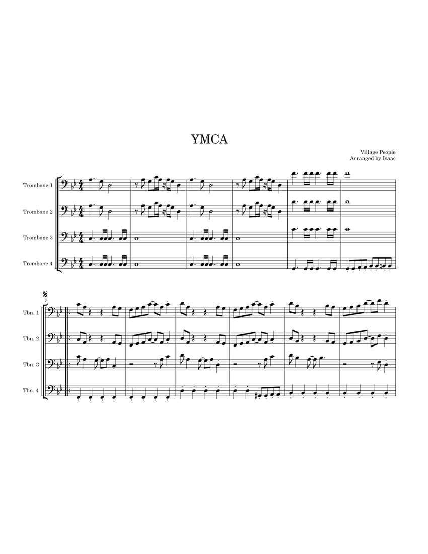 Ymca – Village People Sheet Music for Trombone (Mixed Quartet ...