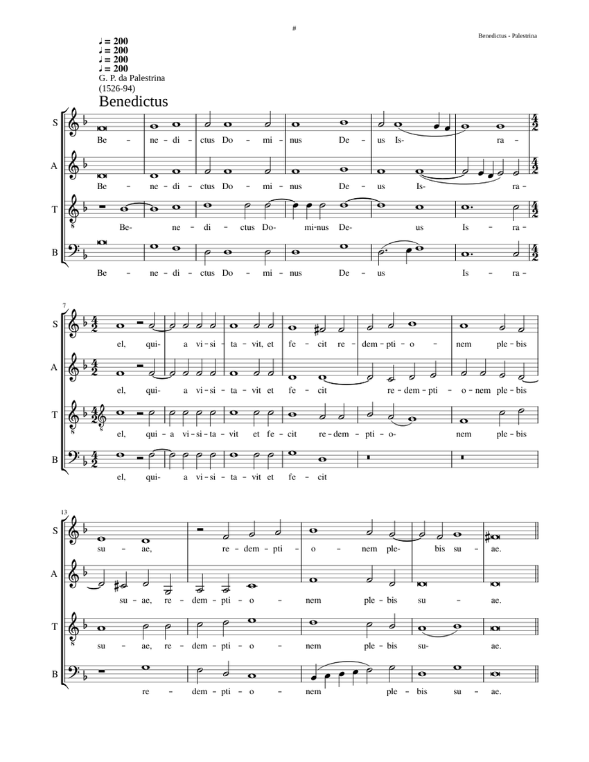 Benedictus Dominus Deus Israel - Giovanni Pierluigi da Palestrina Sheet ...