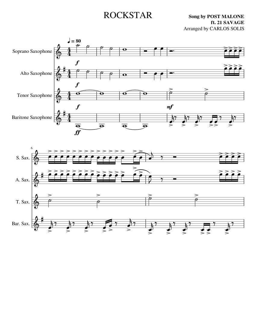 Rockstar (feat. 21 Savage) - Post Malone (CARLIT0CHURRIT0) Sheet music for Saxophone alto ...