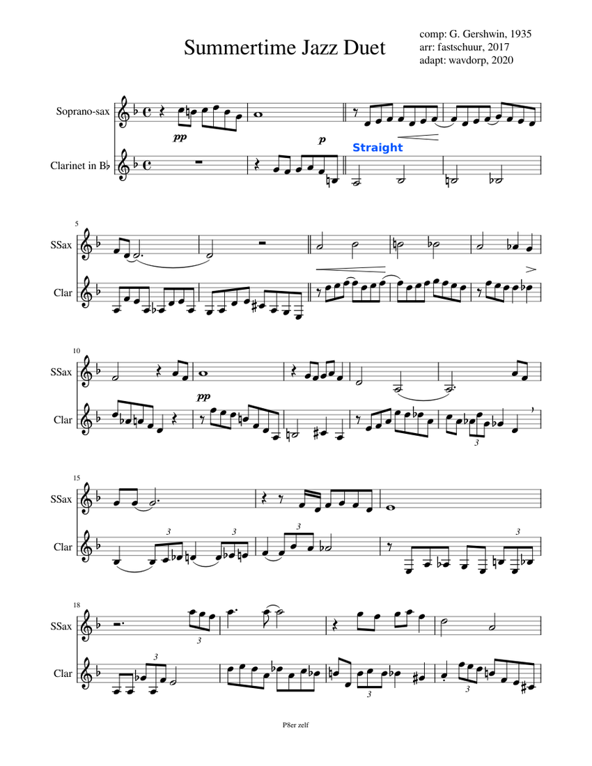 Summertime Jazz Duet, SSax-BbClar Sheet Music for Clarinet in b-flat ...