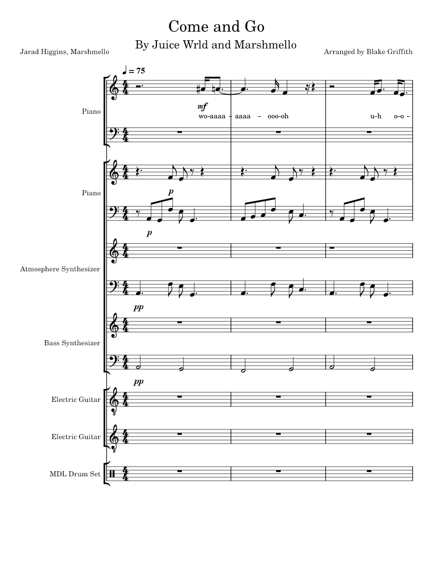 Come and Go - Juice Wrld and Marshmello Sheet Music for Piano, Guitar ...
