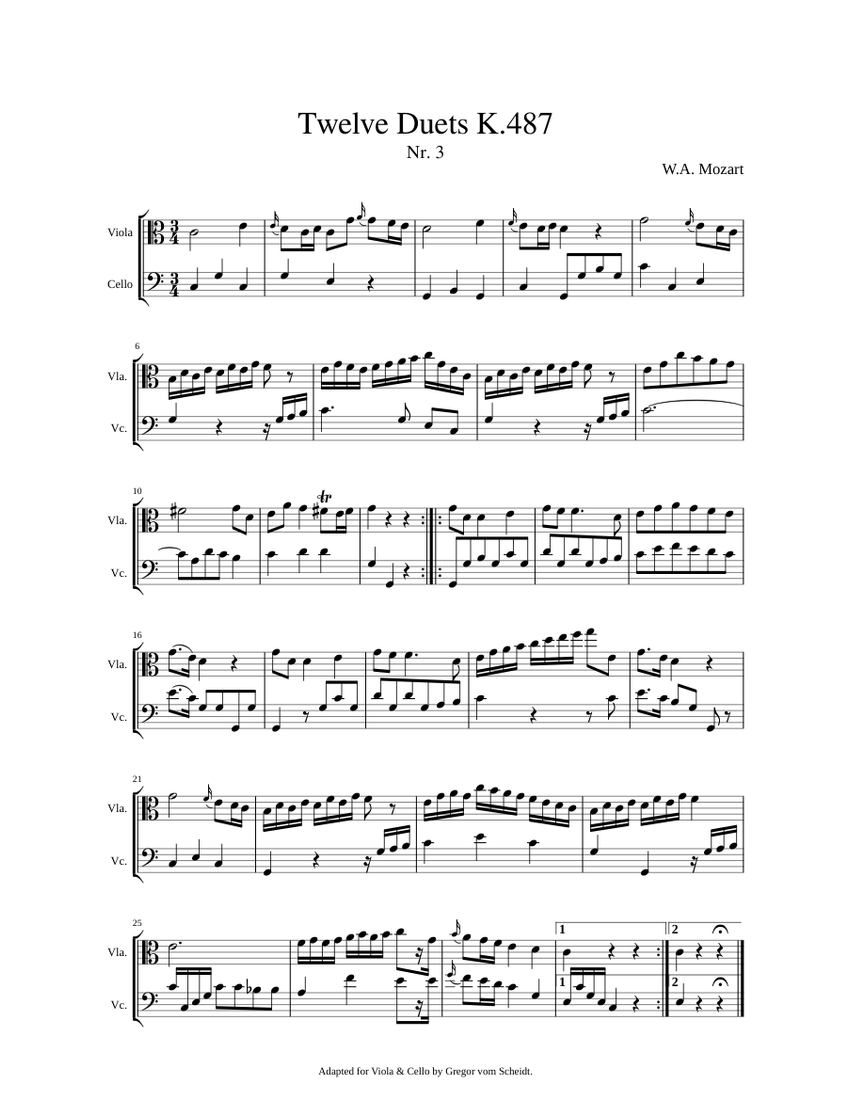 Mozart Twelve Duets K.487 3 Sheet Music for Viola, Cello (String Duet) | MuseScore.com