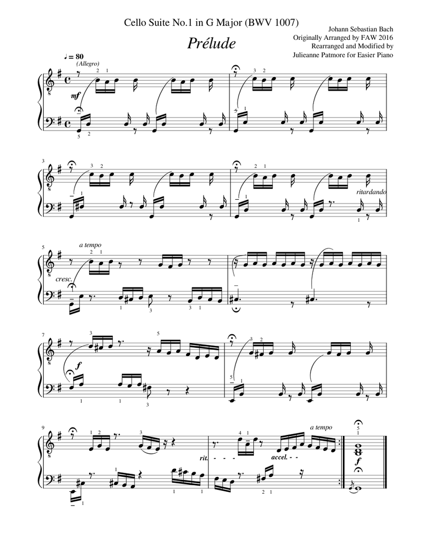 Prelude Cello Suite No.1 in G Major Bach modified and arranged for ...