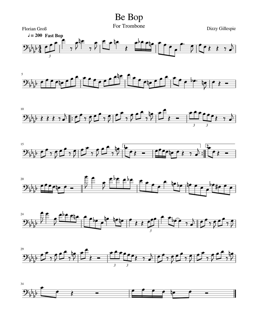 Be Bop Sheet Music for Trombone (Solo) | MuseScore.com