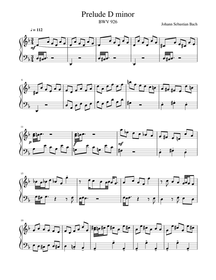 Prelude D minor BWV 926 Sheet Music for Piano (Solo) easy | MuseScore.com