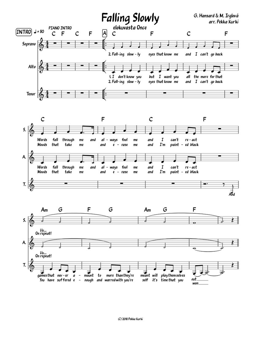 Falling Slowly Sheet Music with Chords for Soprano, Alto, Tenor (Choral ...