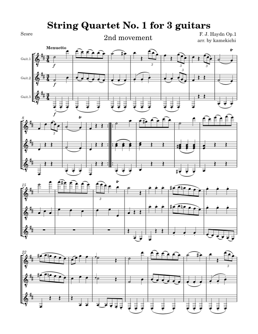 Haydn String Quartet No.1 Mvt.2 for 3 guitars Sheet Music for Guitar (Mixed Trio) | MuseScore.com