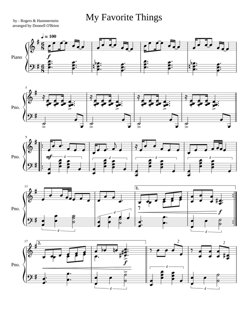 My Favorite Things – Rogers And Hammerstein Sheet Music for Piano (Solo ...