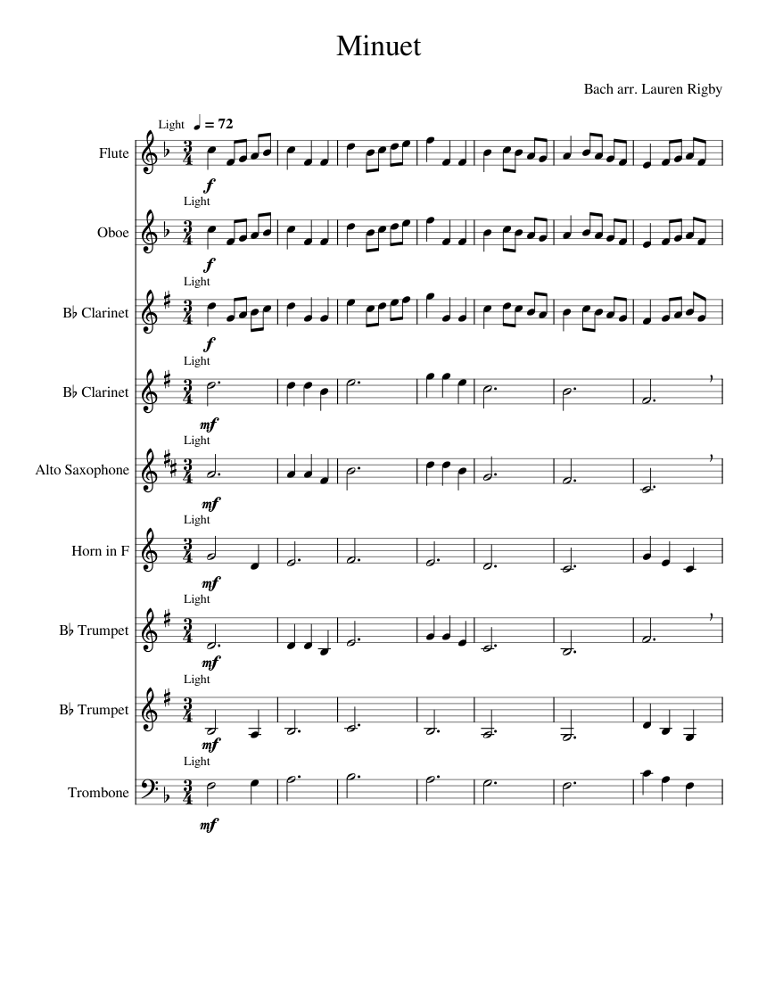 Minuet_in_G Sheet Music for Trombone, Flute, Oboe, Clarinet in b-flat ...