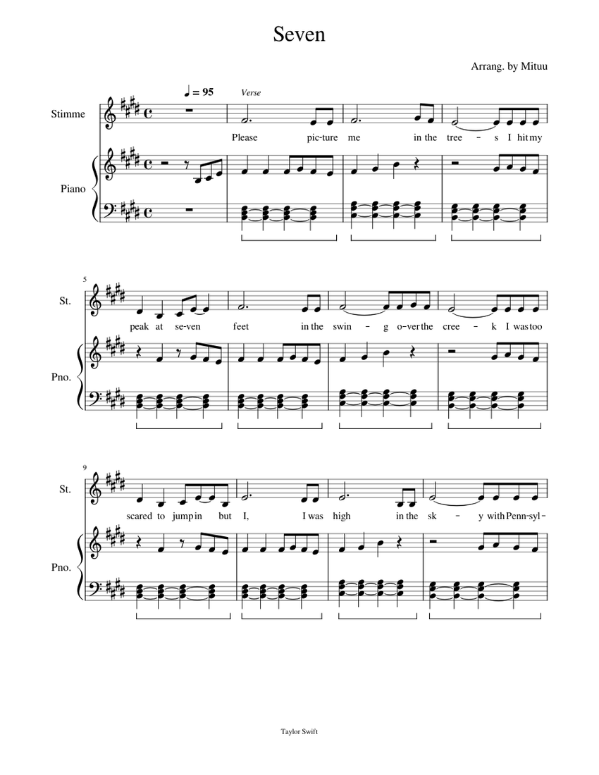 Seven – Taylor Swift Sheet Music for Piano, Vocals (Piano-Voice ...