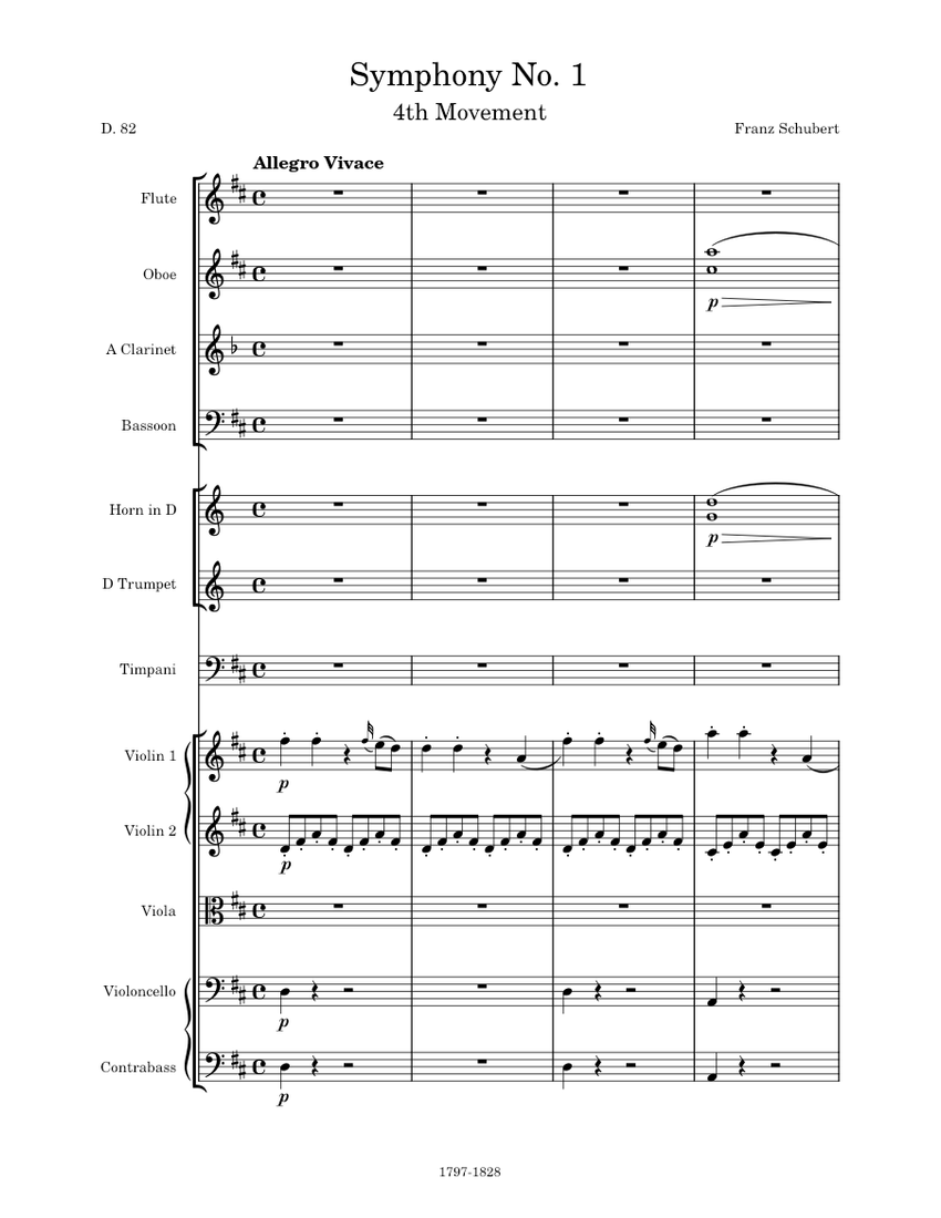 Symphony No. 1, D.82, 4th Movement (Allegro Vivace) – Franz Schubert Sheet music for Flute, Oboe ...