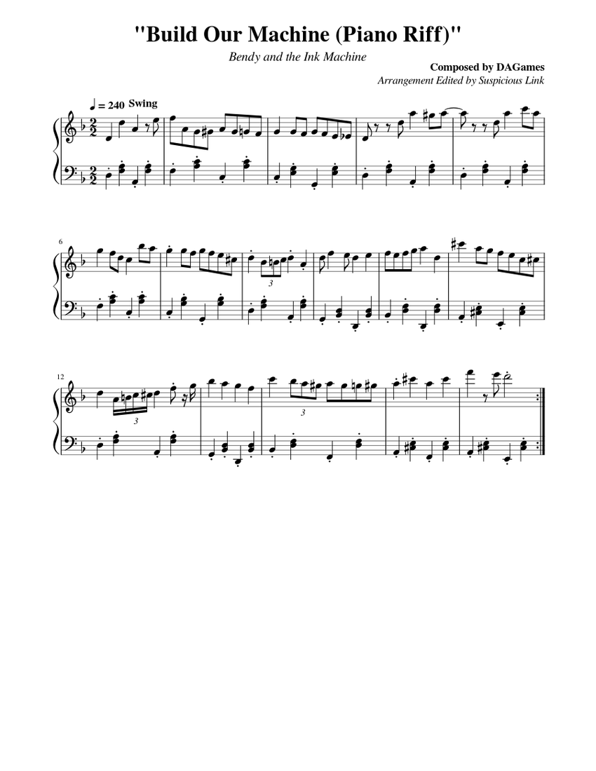 Build Our Machine (Piano Riff) - Bendy and the Ink Machine Sheet Music ...