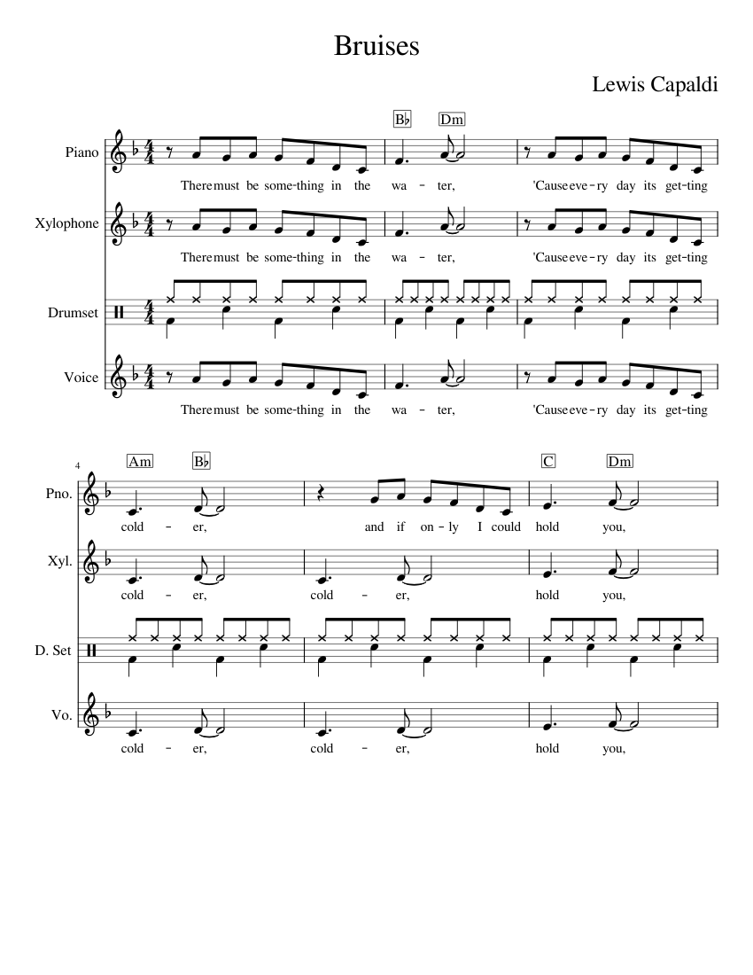 Bruises arrangement Sheet Music with Chords for Piano, Vocals, Drum ...