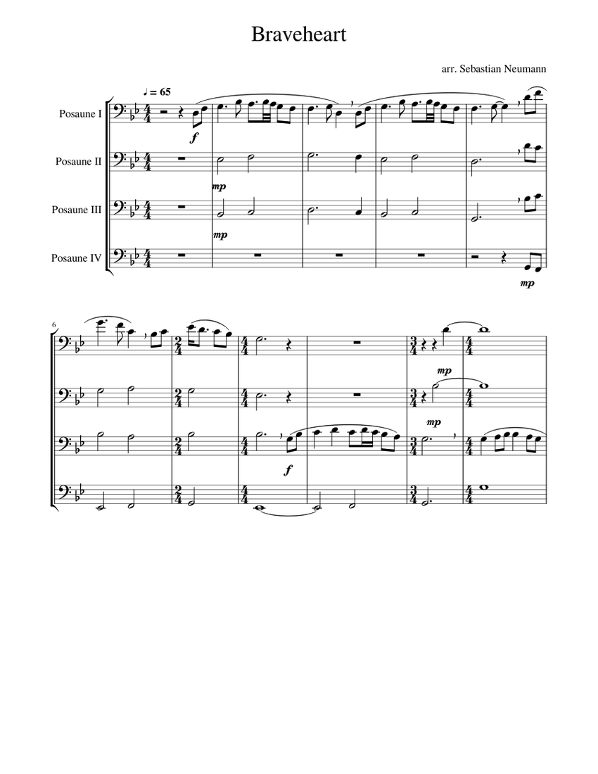Braveheart Sheet music for Trombone, Tuba (Brass Quartet) | Musescore.com