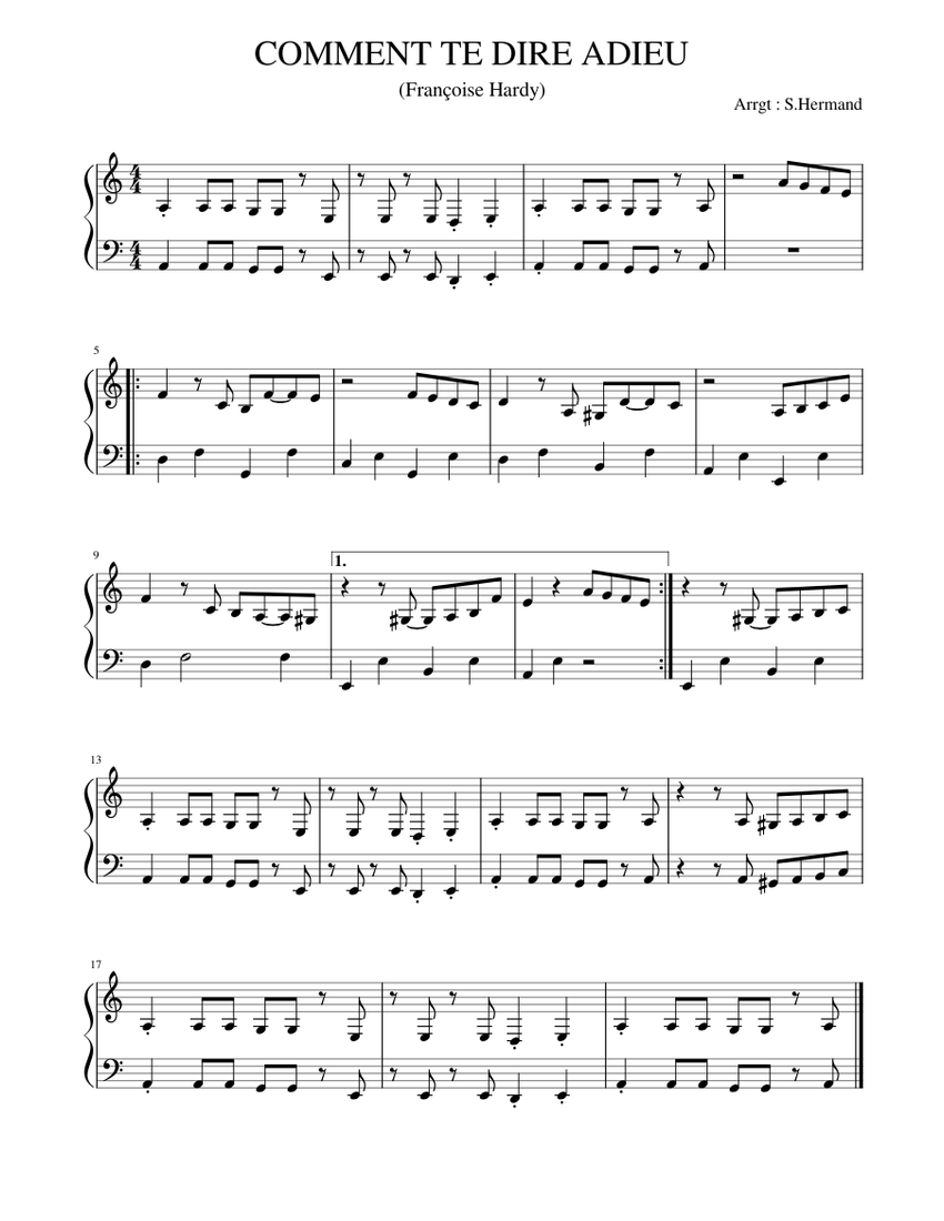 COMMENT TE DIRE ADIEU de Francoise Hardy Sheet Music for Piano (Solo ...