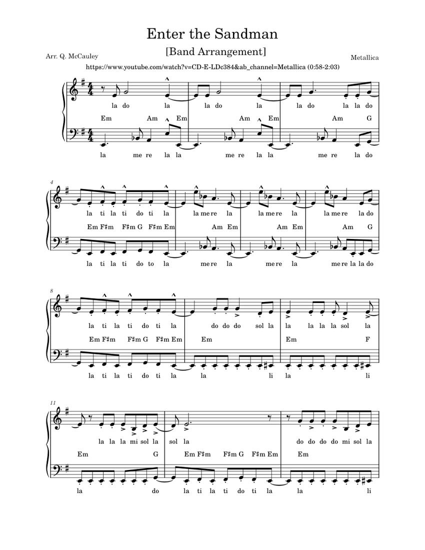 Enter sandman – Metallica Sheet Music with Chords for Piano (Solo) Easy ...