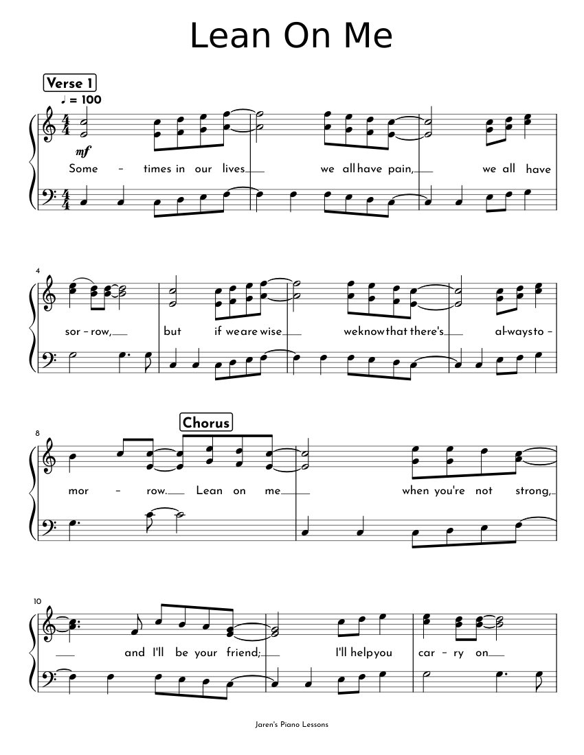 Lean On Me Sheet Music for Piano (Solo) Easy | MuseScore.com